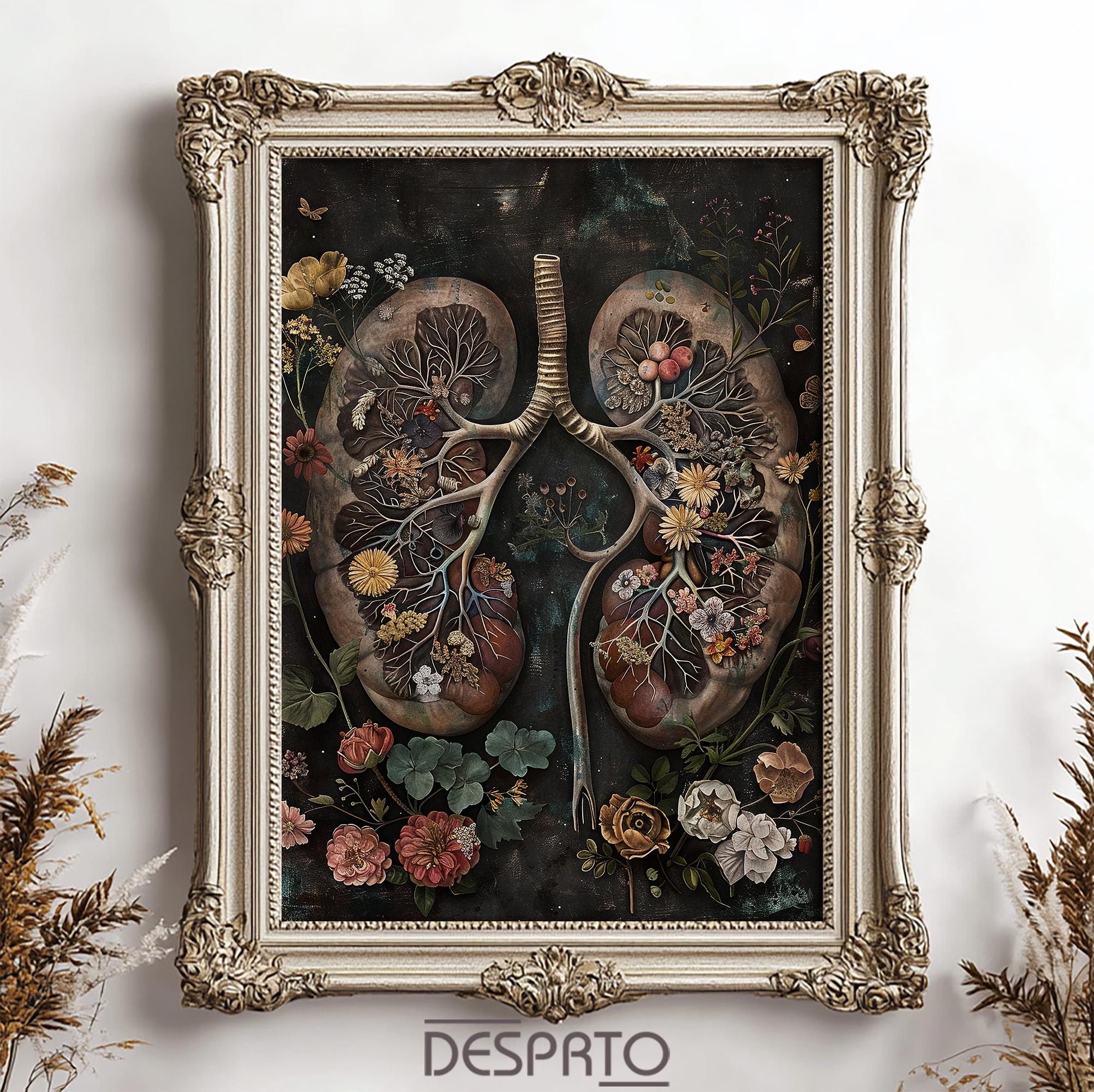 Human Kidney With Flowers Print, Anatomy Gothic Painting, Floral Kidney ...