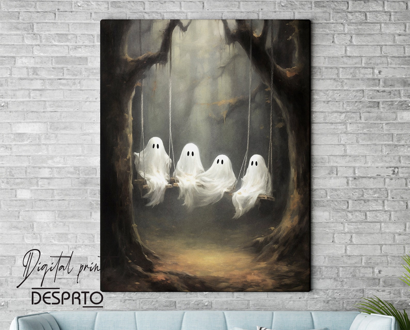 Four Cute Ghosts on a Swing in Fall Woods Print, Dark Academia ...
