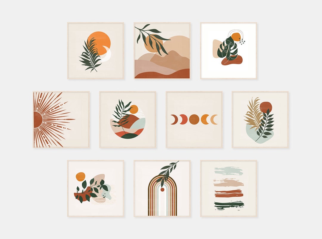 Square Set of 10 Print, Green Printable Boho Wall Set, Terracotta Gallery Wall Set, Boho Sun ...