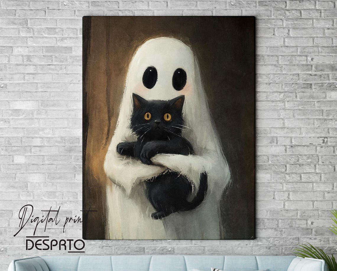 Cute Ghost Hugs Black Cat Print, Digital Halloween Cottagecore Decor ...