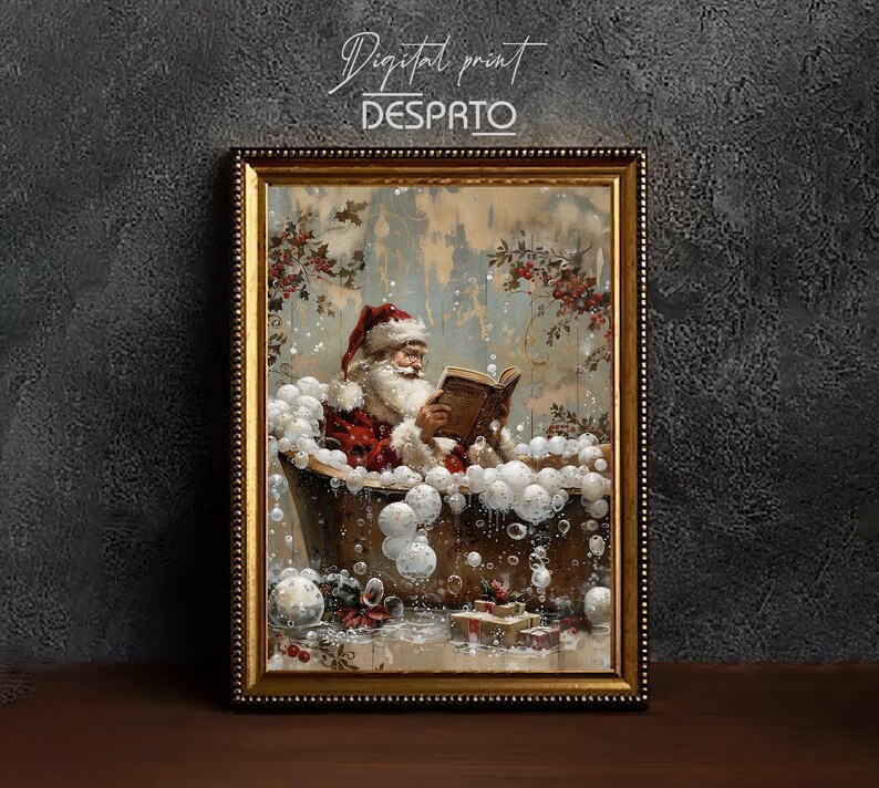 Vintage Santa Claus in Bathtub Reading Book Print, Christmas Bath Tub ...
