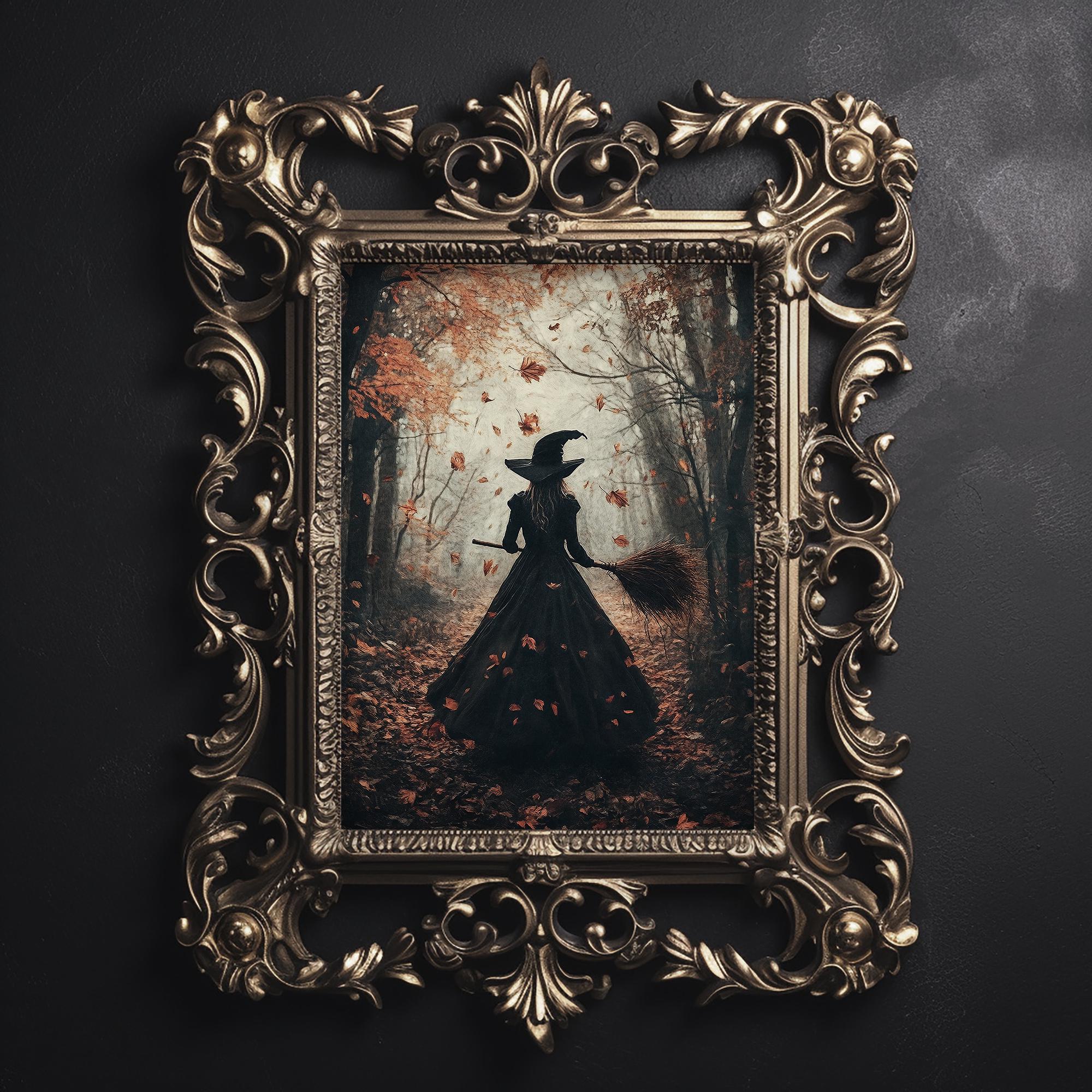 Witch With Broom Walking in Fall Forest Print, Halloween Dark Academia ...