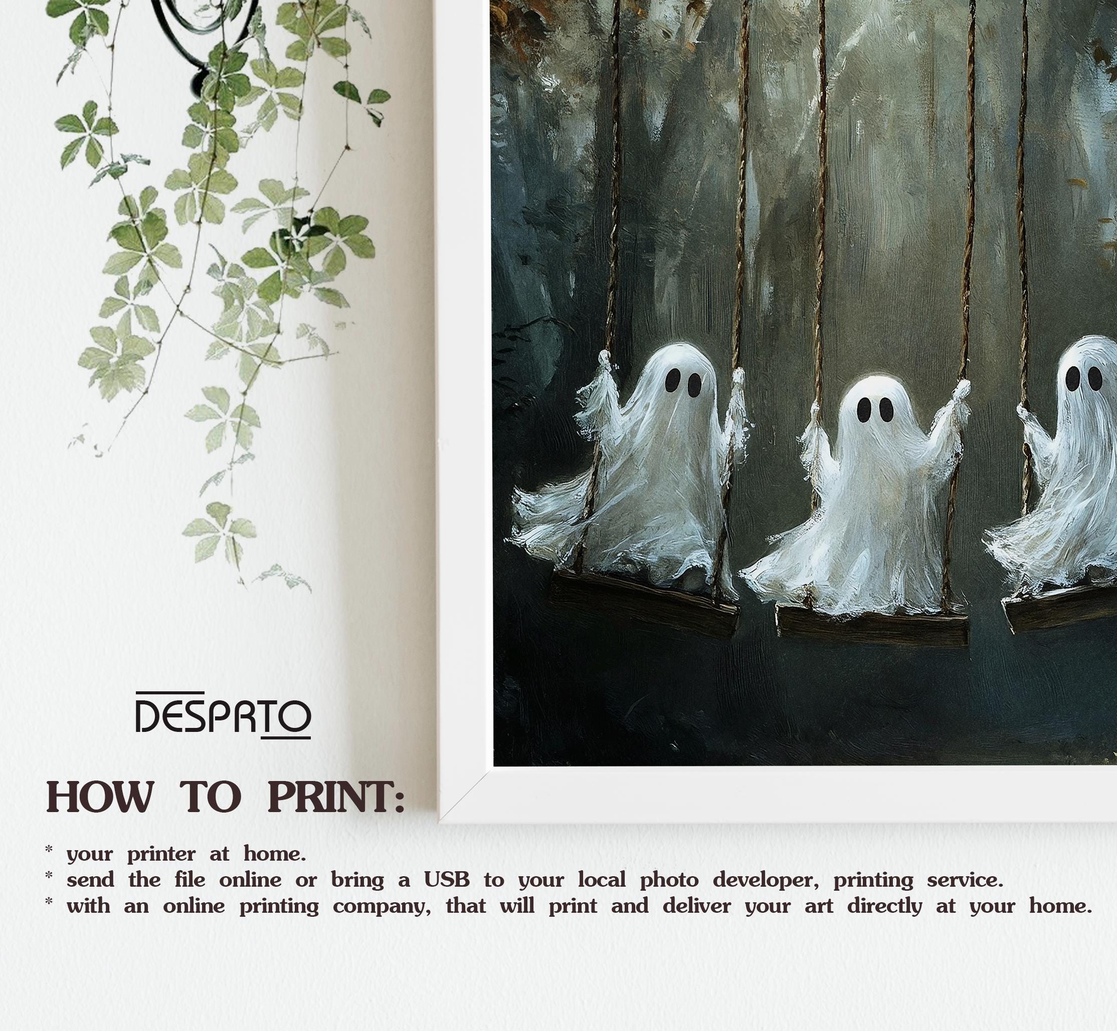 Three Cute Ghosts on a Swing in Fall Woods Print, Dark Academia ...