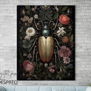Gold Beetle in Dark Flower Garden, Moody Bug Print, Scarab Printable ...