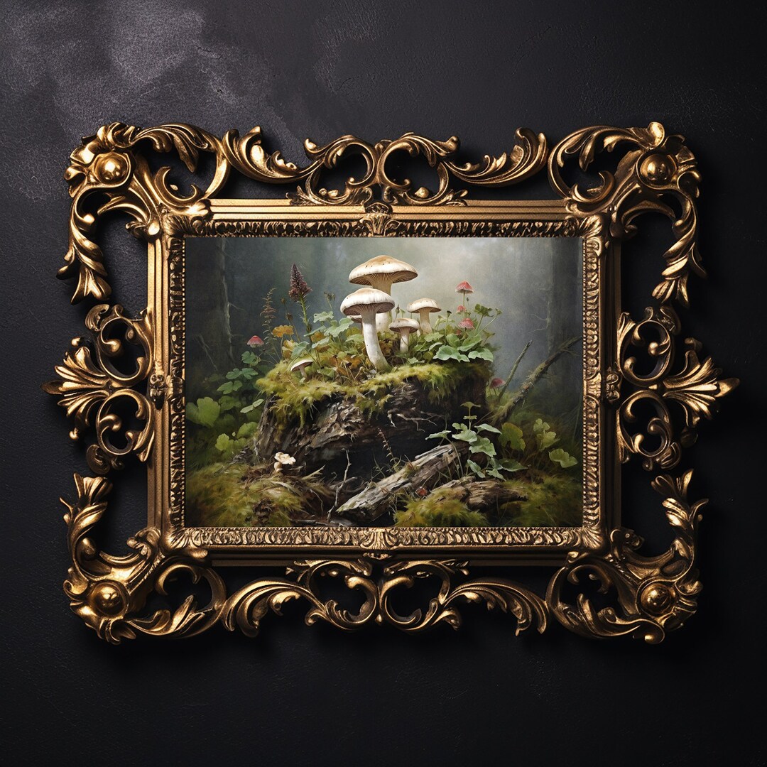 Mushrooms in Deep Forest Print, Woodland Mushroom on a Stump, Moody Moss Wall Print, Floral Dark ...