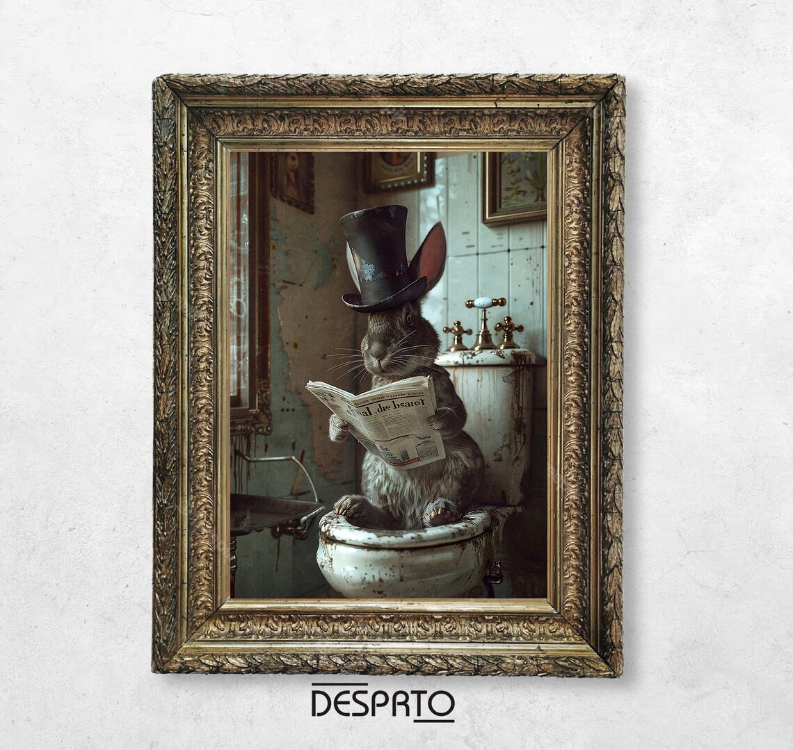 Rabbit Reading Newspaper on Toilet Print, Hare Dark Academia, Whimsical ...