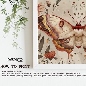 Boho Vintage Flower Moth Print, Moody Butterfly Wall Decor, Butterfly ...