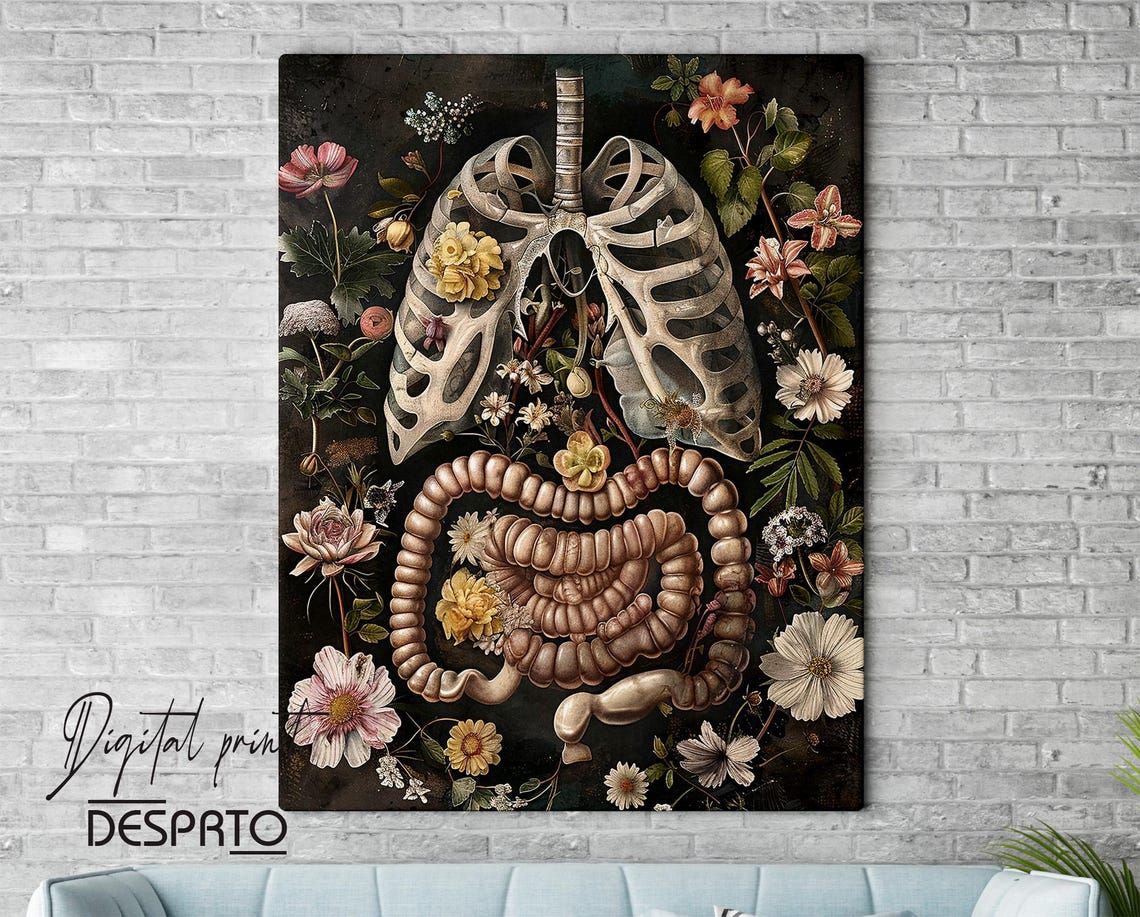 Human Intestines Print, Ribs Skeleton Flowers Anatomy Gothic Painting ...