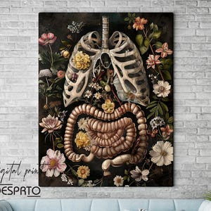 Human Intestines Print, Ribs Skeleton Flowers Anatomy Gothic Painting ...