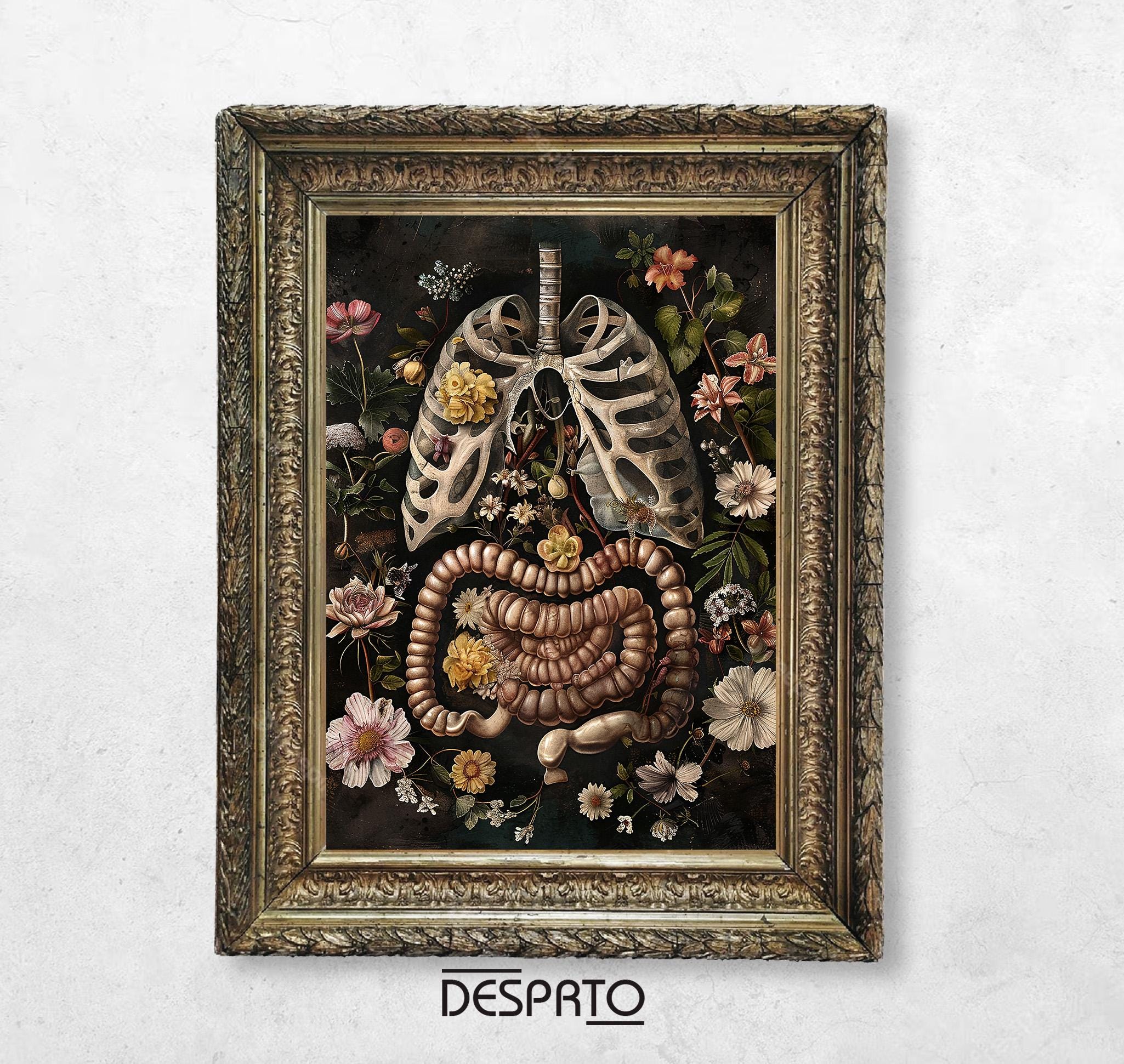 Human Intestines Print, Ribs Skeleton Flowers Anatomy Gothic Painting ...