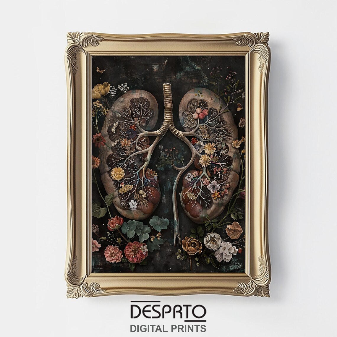 Human Kidney With Flowers Print, Anatomy Gothic Painting, Floral Kidney ...