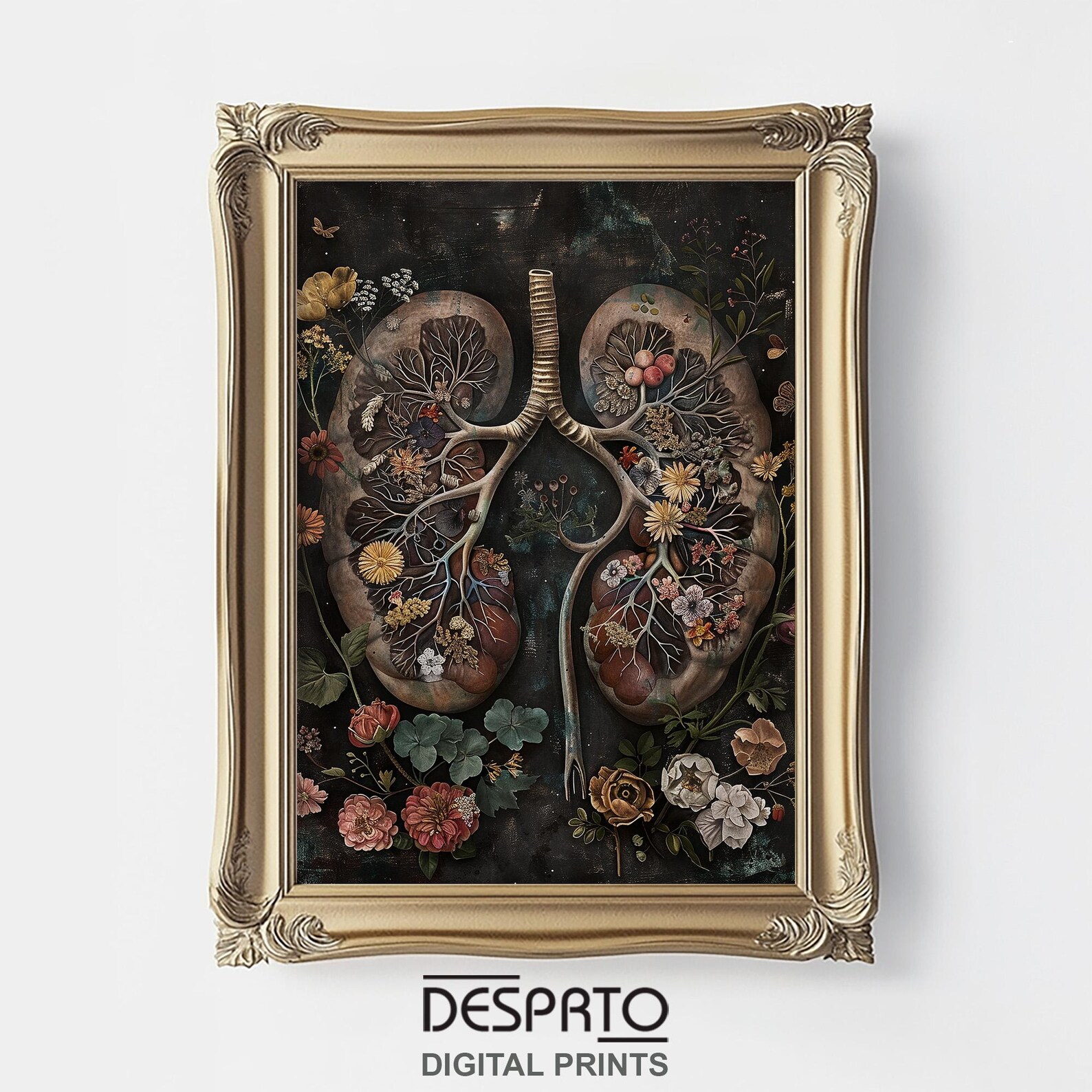 Human Kidney With Flowers Print, Anatomy Gothic Painting, Floral Kidney ...