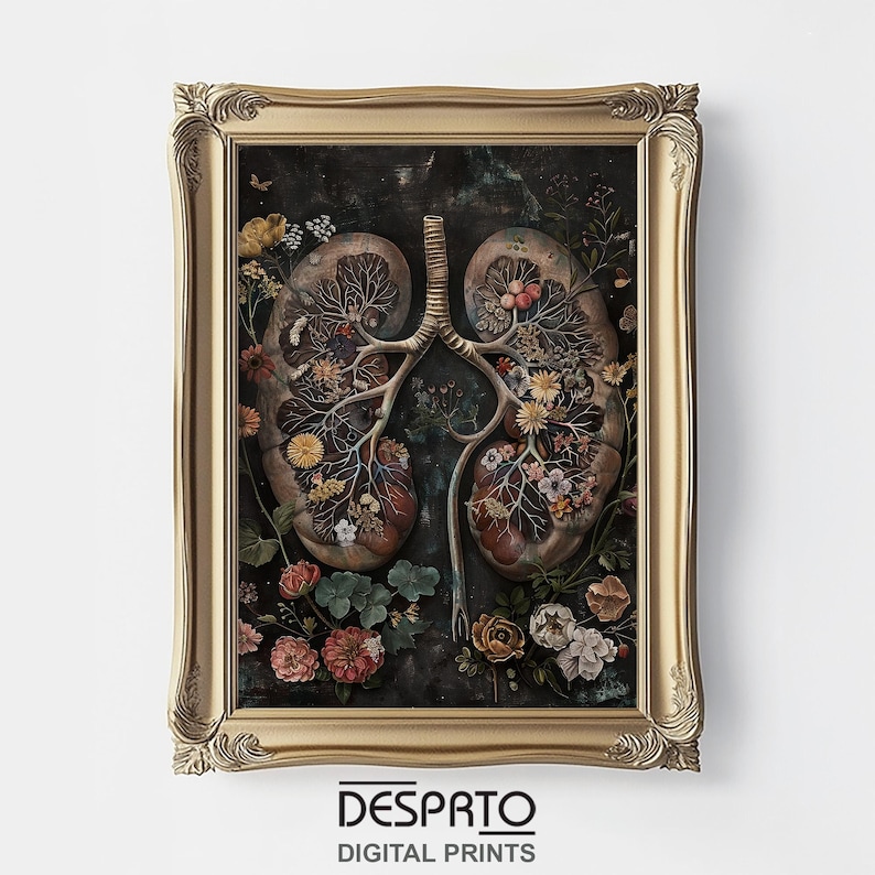 Human Kidney With Flowers Print, Anatomy Gothic Painting, Floral Kidney ...
