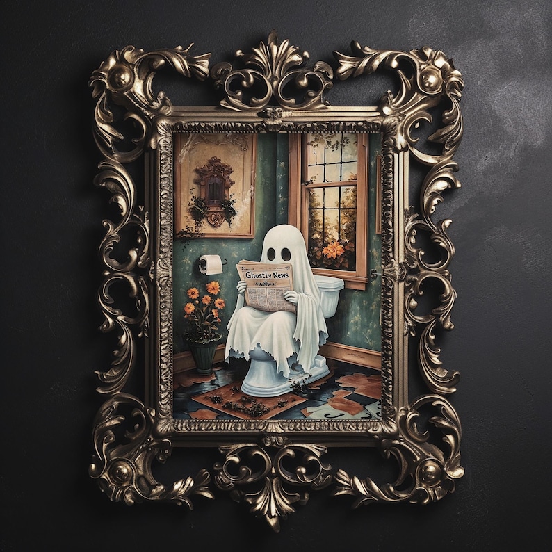 Ghost Reading Newspaper on Toilet Print, Dark Academia, Whimsical Ghost ...