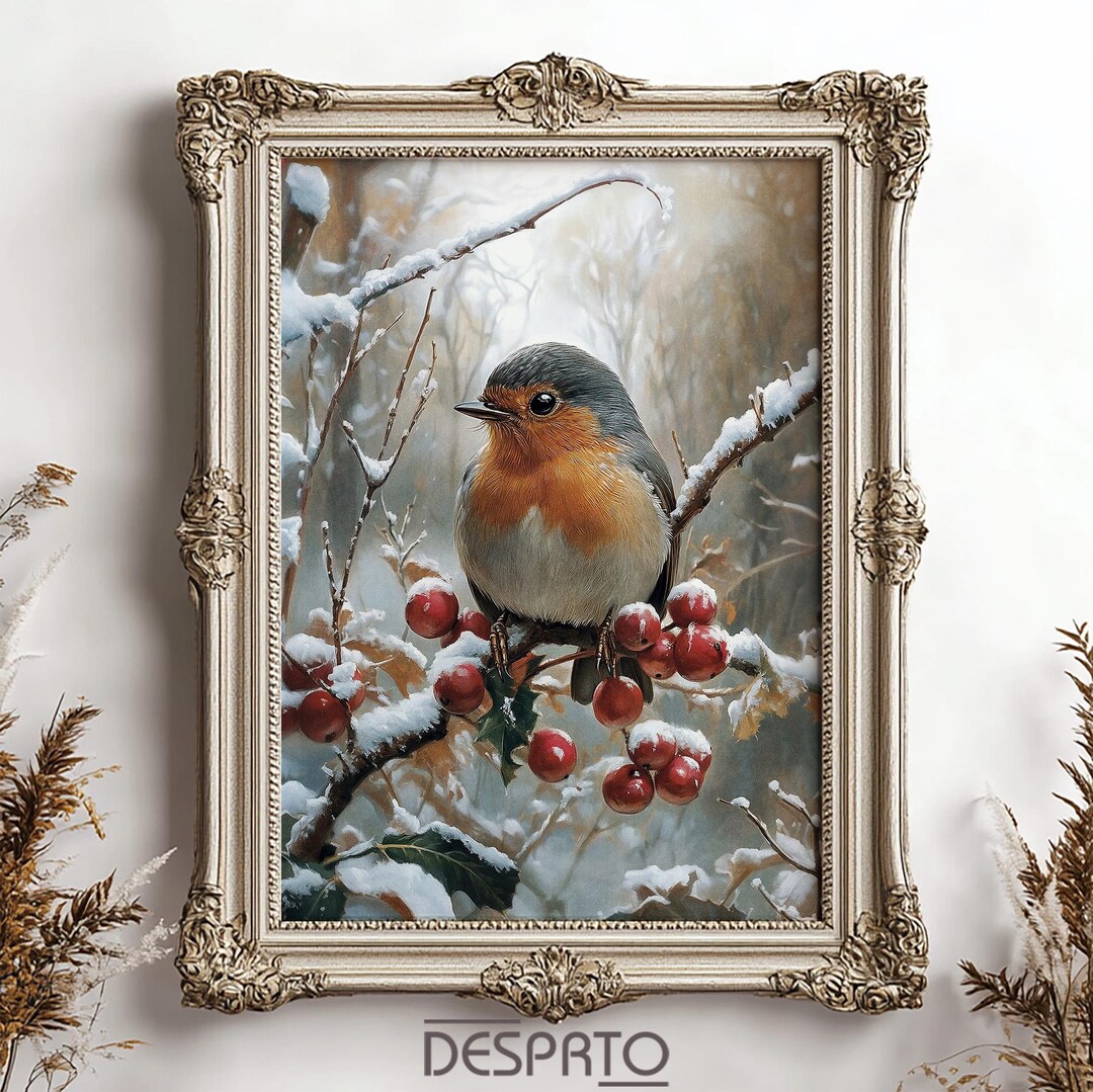 Christmas Robin Print, Winter Bird Wall Art, Vintage Woodland Animal ...
