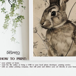 Boho Rabbit Bunny Flower Print, Rustic Hare Cottagecore Print, Animal ...