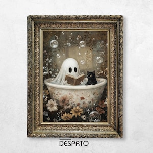 Ghost Reading Book and Black Cat Takes a Bathtub Print, Dark Academia ...
