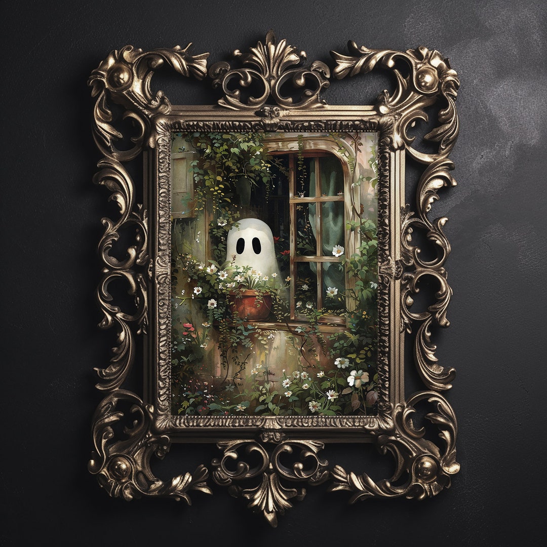Ghost Peeking From Window, Plant Lover Ghost, Rustic Print, Dark ...