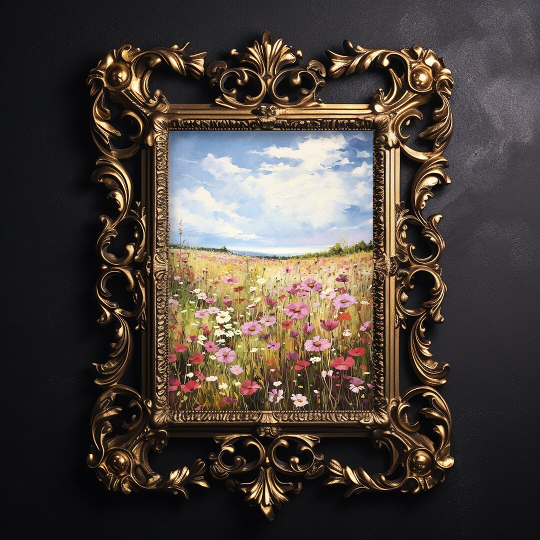Spring Flower Field Print , Wildflower Vintage Landscape Painting ...