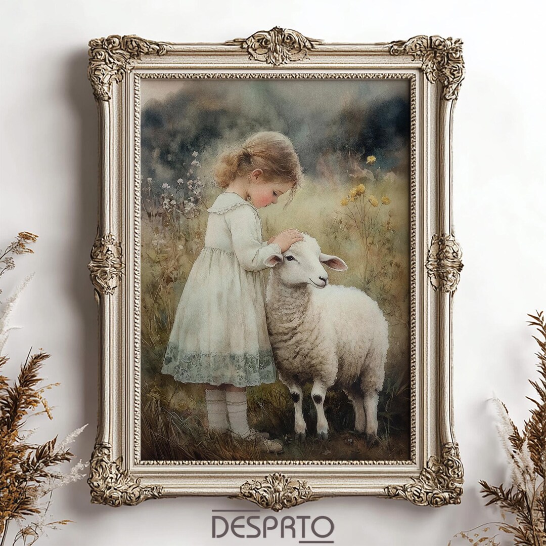 Girl and Sheep Print, Antique Shepherdess Lamb Village Farmhouse Decor ...