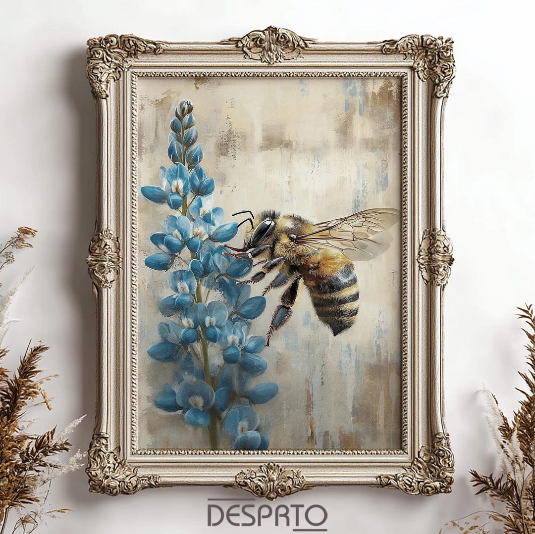 Boho Bee in Blue Flower Print, Moody Lupine Bumblebee Decor, Botanical ...