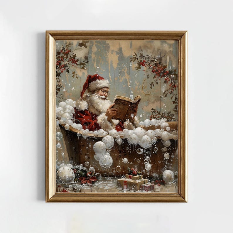 Vintage Santa Claus in Bathtub Reading Book Print, Christmas Bath Tub ...