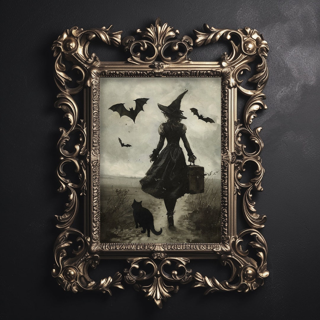 Witch Girl Walking With Cat in Field Print, Halloween Dark Academia ...