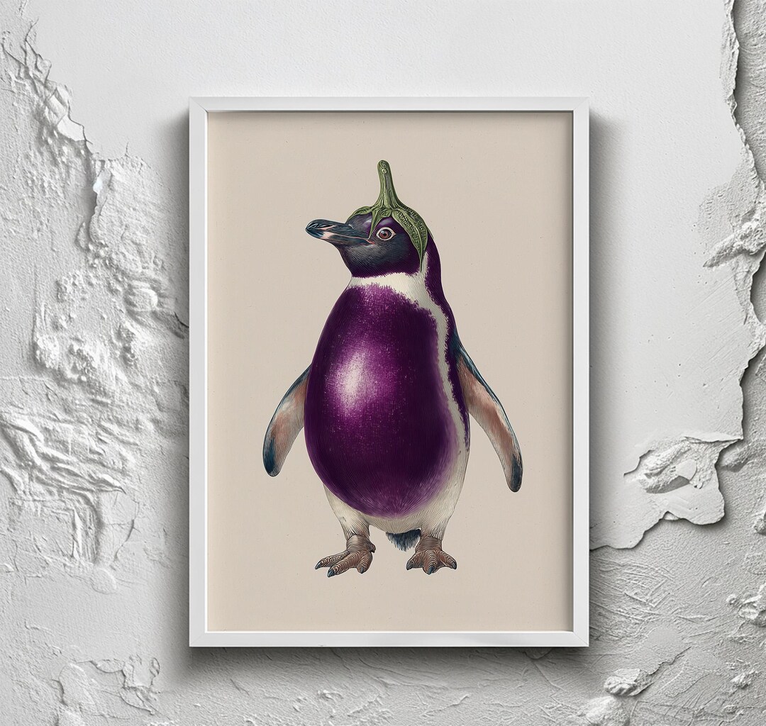 Eggplant Penguin Art Print – Surreal Animal Illustration, Funny Bird ...