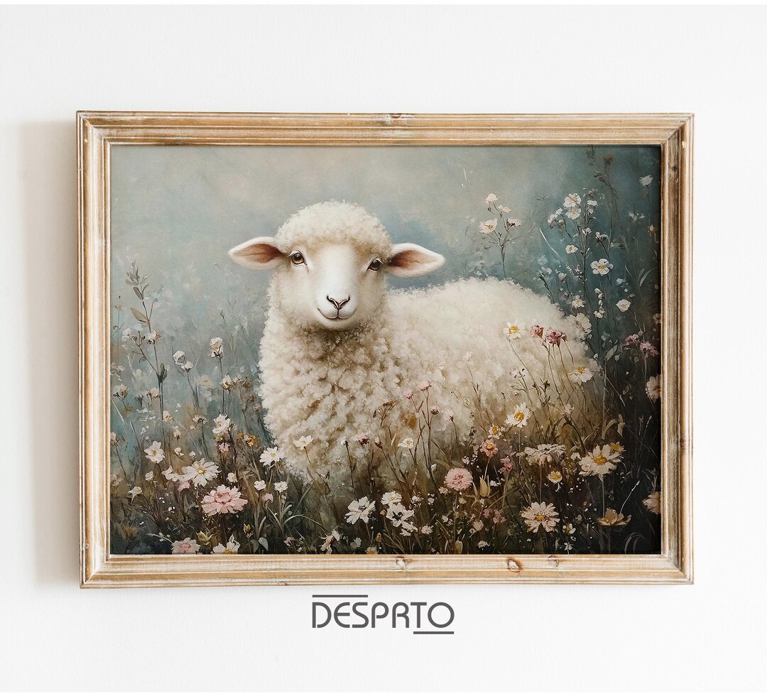 Sheep Flower Print, Lamb Easter Farmhouse Decor, Sheep Wall Painting ...