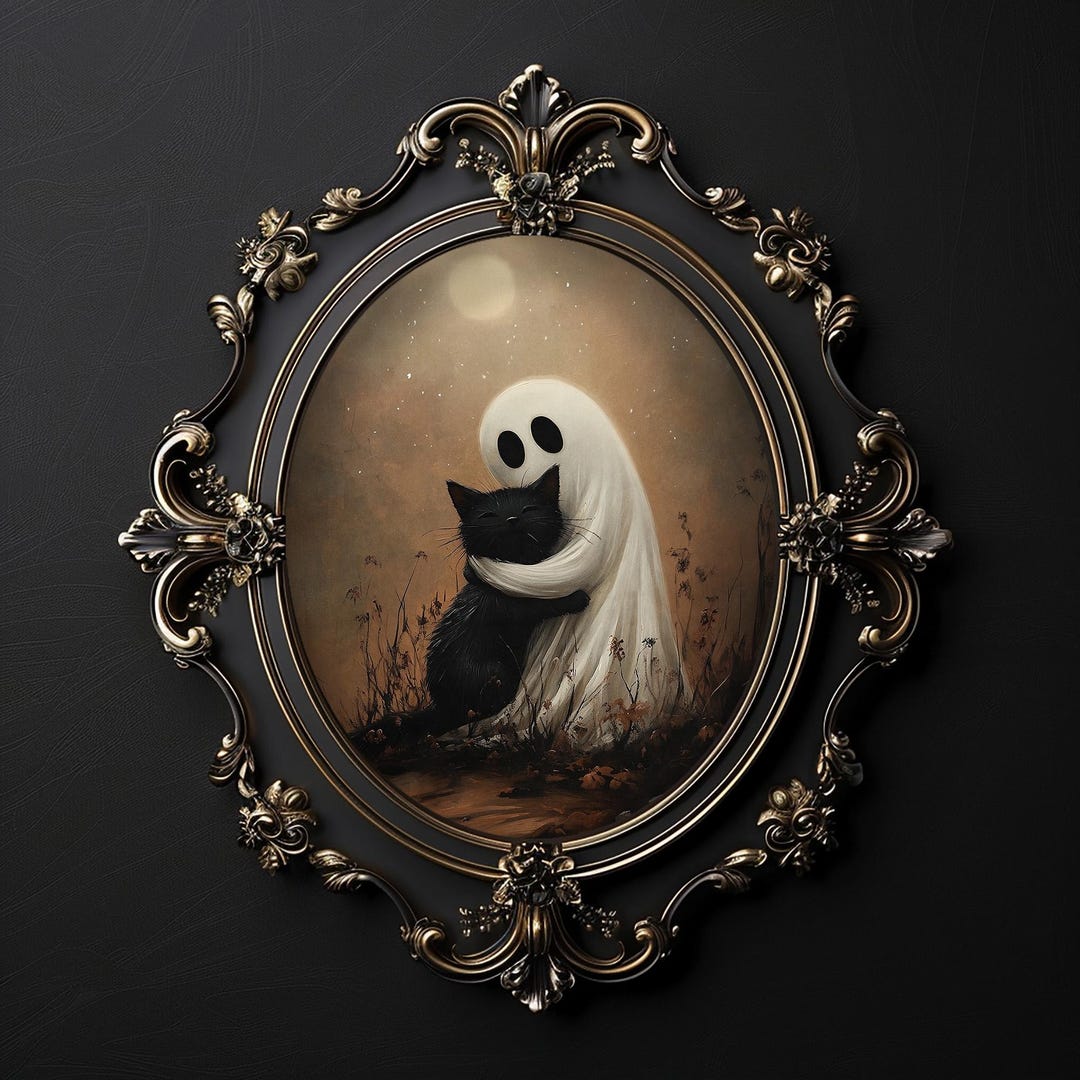 Halloween Ghost Hugs Black Cat Print, Cottagecore Decor (digital ...