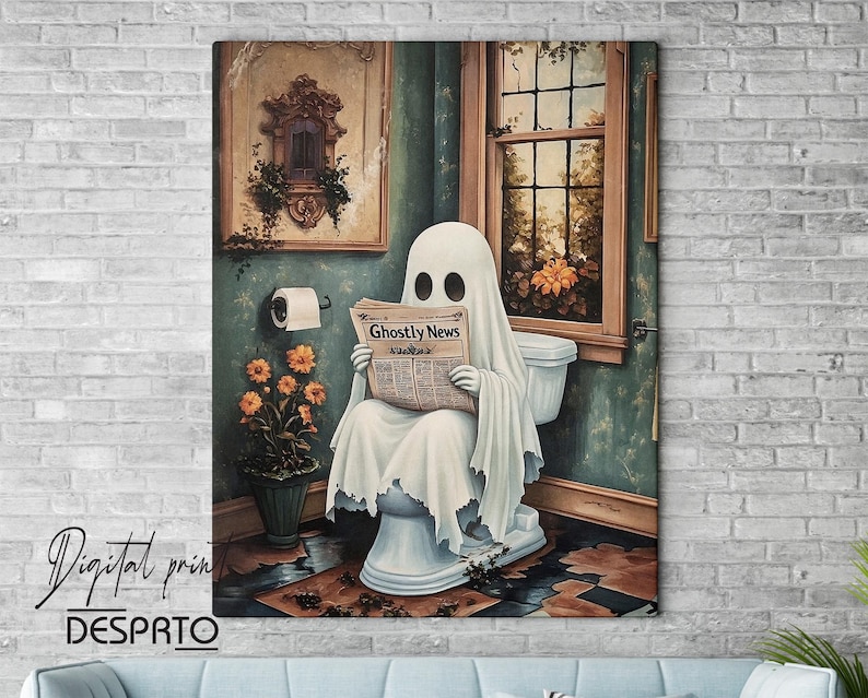 Ghost Reading Newspaper on Toilet Print, Dark Academia, Whimsical Ghost ...
