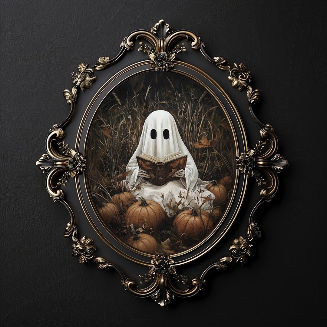 Ghost Reads Book in Field With Pumpkins, Dark Academia, Spooky Decor ...