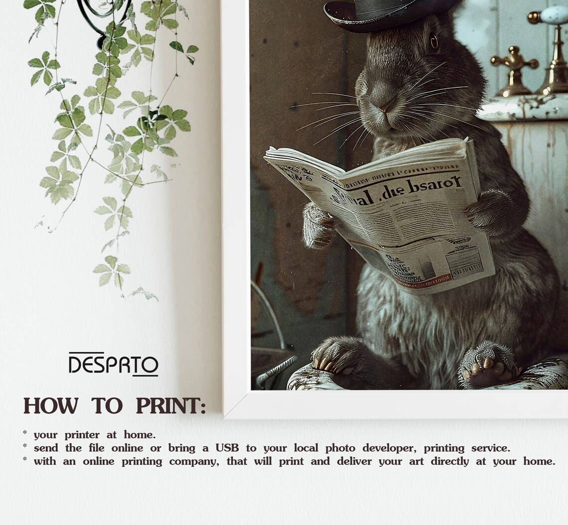 Rabbit Reading Newspaper on Toilet Print, Hare Dark Academia, Whimsical ...