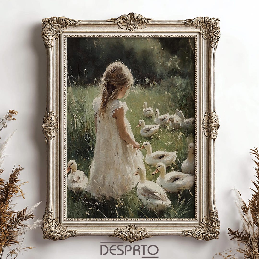 Girl and Ducks Print, Easter Duck Village Flower Farmhouse Decor, Moody ...