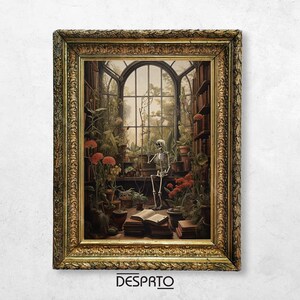 Skeleton in Botanical Abandoned Library Print, Books Skull Dark ...