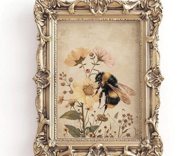 Boho Bee in Yellow Flower Print, Moody Bumlebee Decor, Botanical ...