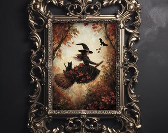 Witch in a Field With Black Cat Poster, Halloween Wall Art, Witchy Art ...