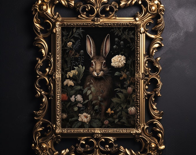 Hare Rabbit in Deep Moody Magic Flower Forest Print, Dark Academia ...