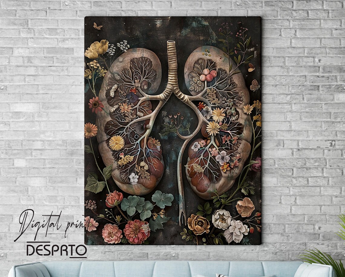 Human Kidney With Flowers Print, Anatomy Gothic Painting, Floral Kidney ...