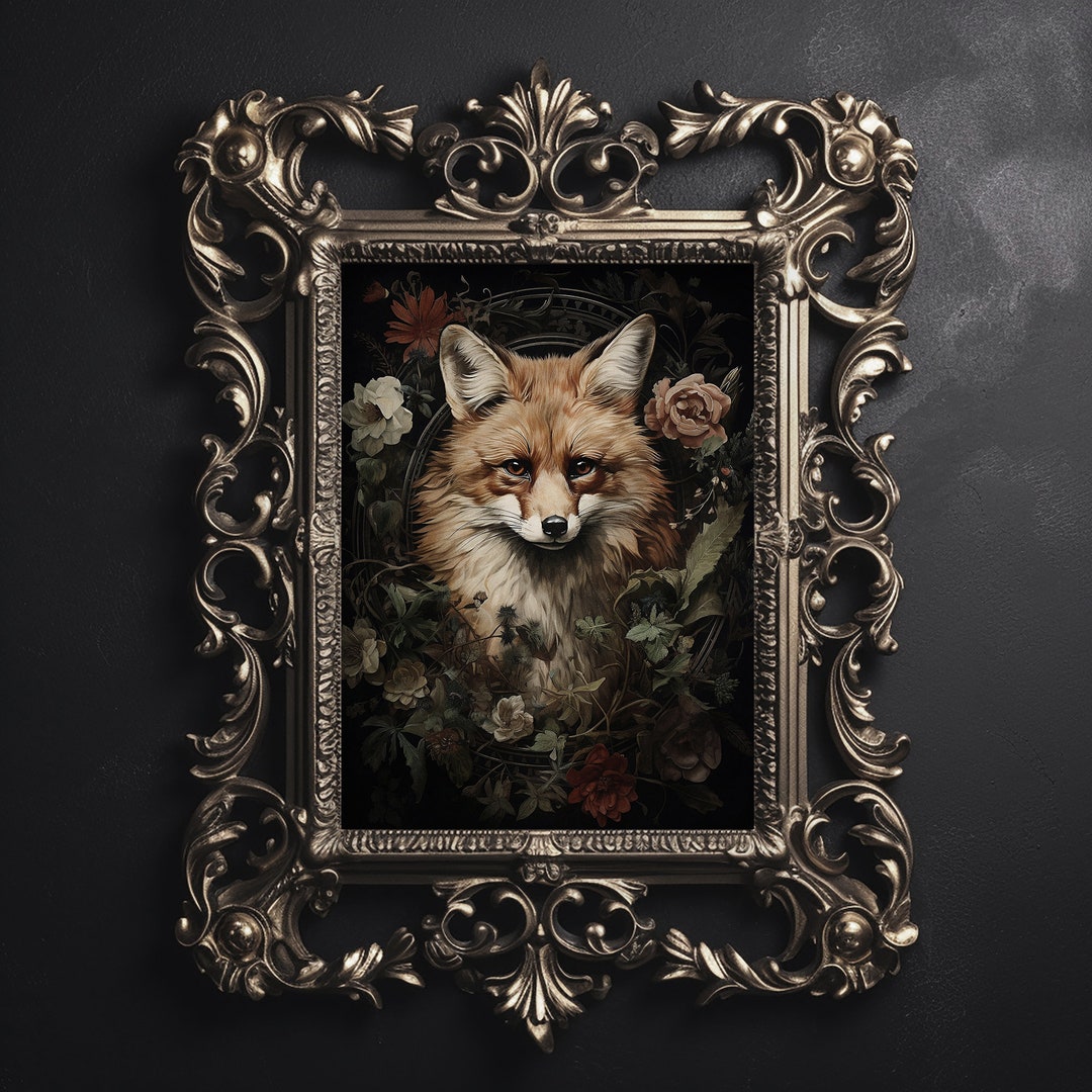 Fox Botanical Print, Lithographic Dark Academia Painting, Flower Fox ...