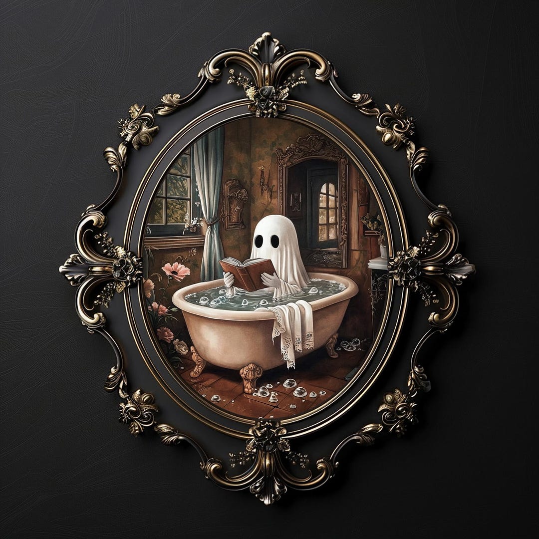 Ghost Reading Book Takes a Bathtub Print, Dark Academia, Ghost Bath Tub ...