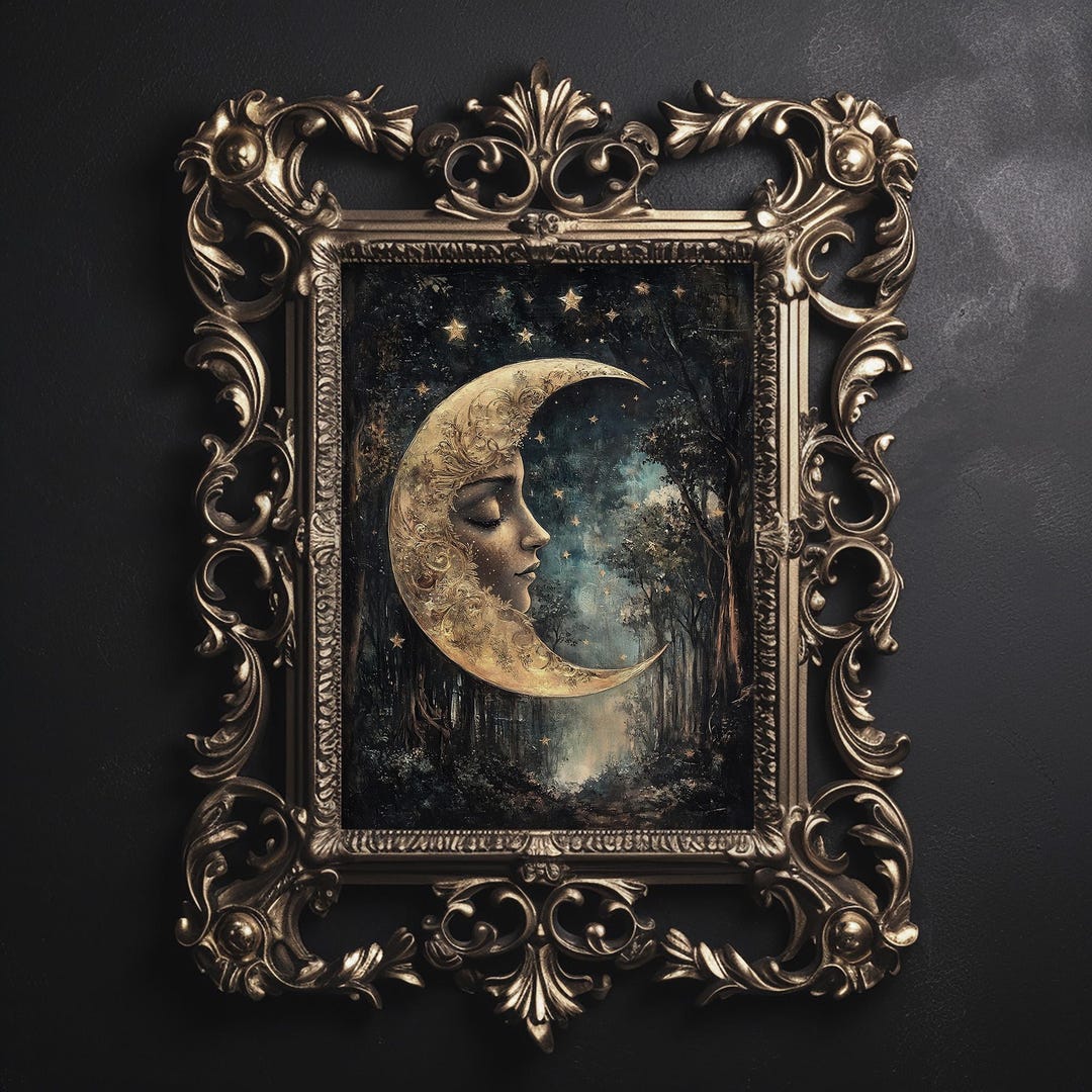 Moon Face Night in the Forest Print, Dark Academia Printable, Gothic ...