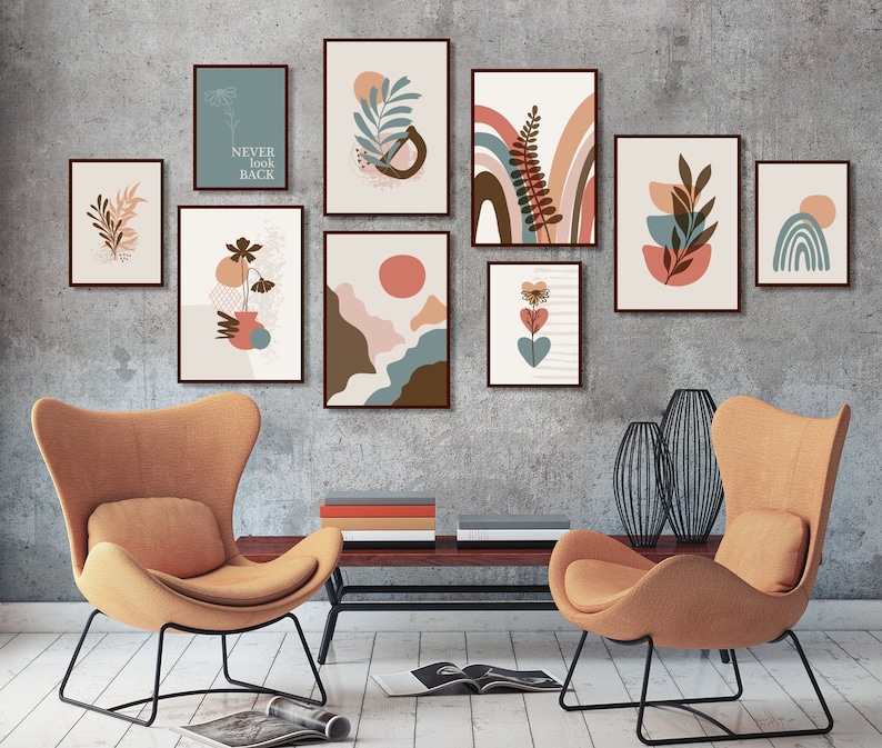 Boho Art Set Of 9 Prints Mid Century Modern Boho Wall Art Set Etsy