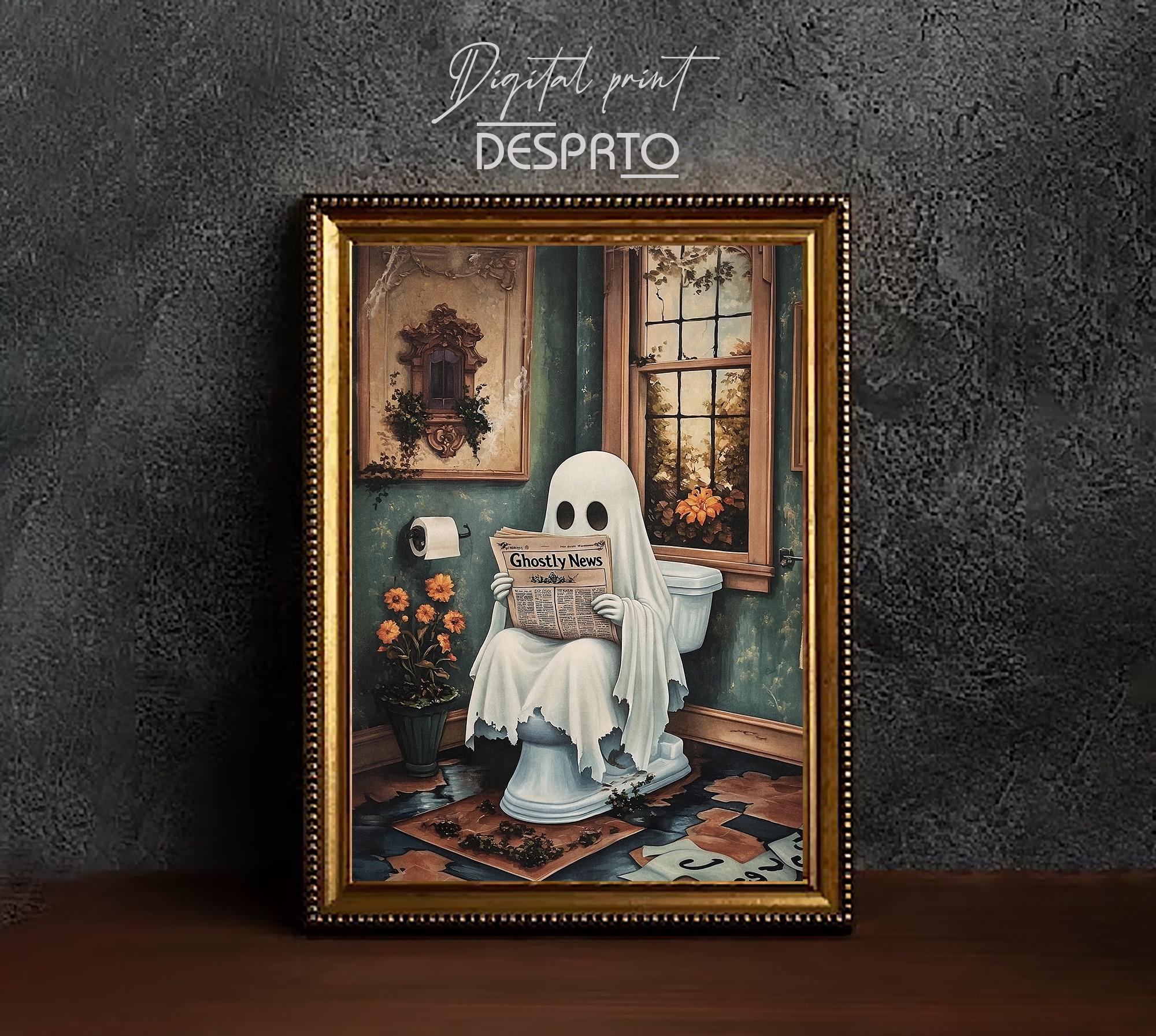Ghost Reading Newspaper on Toilet Print, Dark Academia, Whimsical Ghost ...