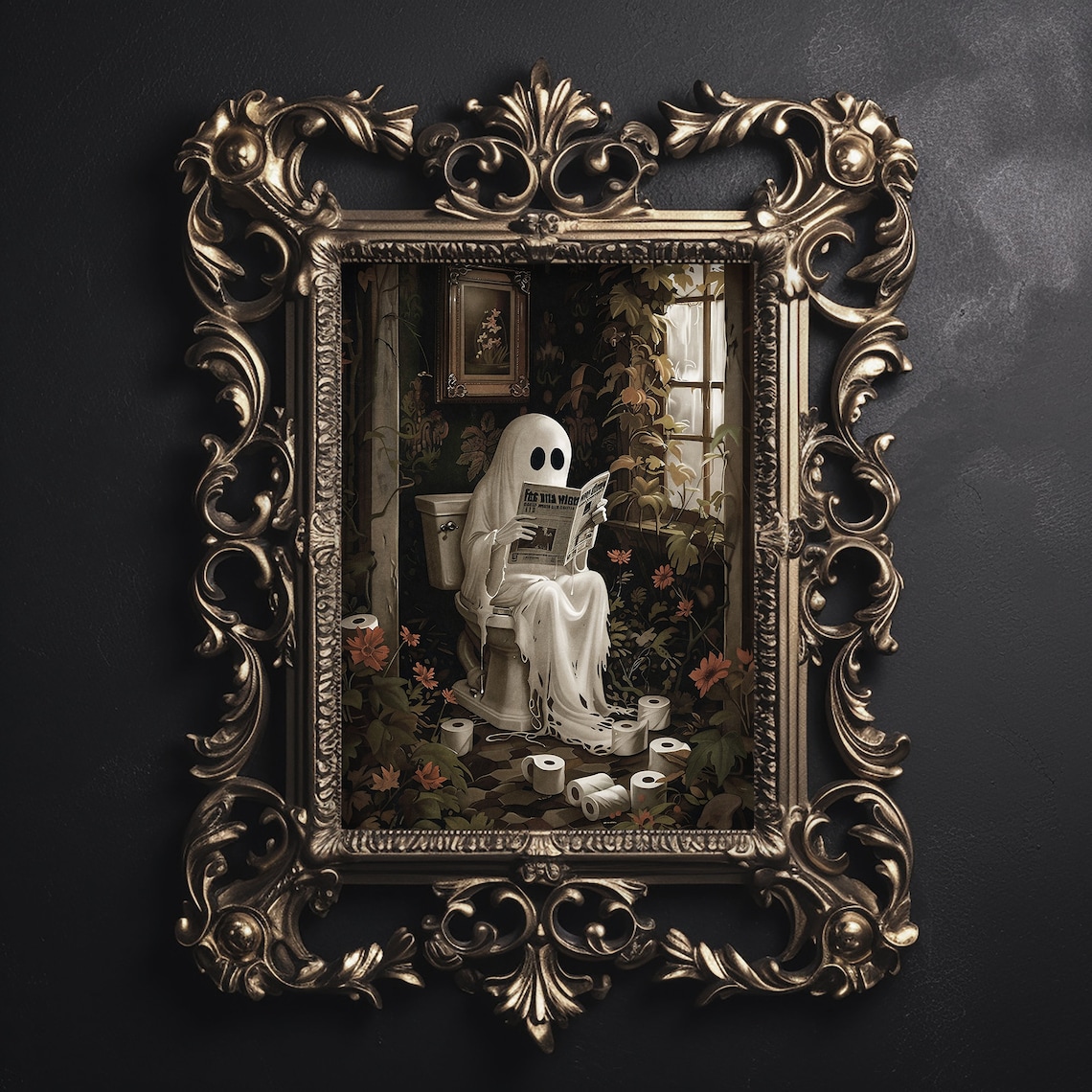 Ghost Reading Newspaper on Toilet Print, Dark Academia, Whimsical Ghost ...