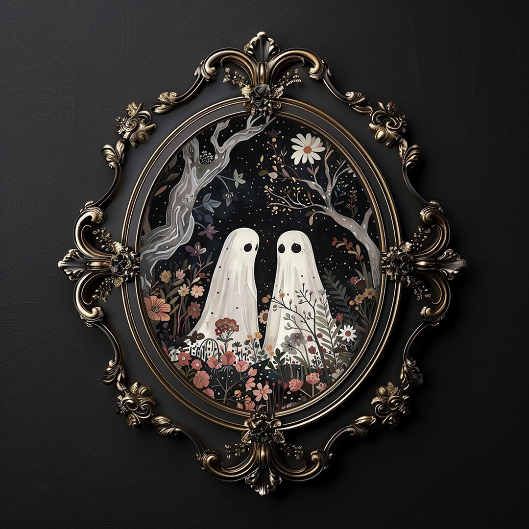 Two Cute Ghosts in Flower Woods Print, Romantic Dark Academia, Moody ...