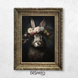 Rabbit Bunny in Dark Flower Crown Print, Rustic Hare Moody Wall Art ...