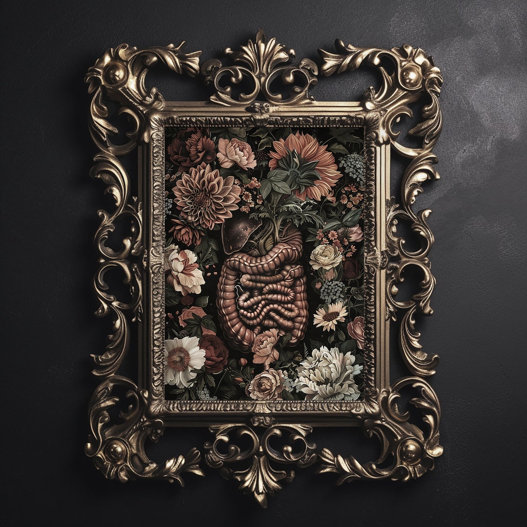 Human Intestines, Liver With Flowers Print, Anatomy Gothic Painting ...