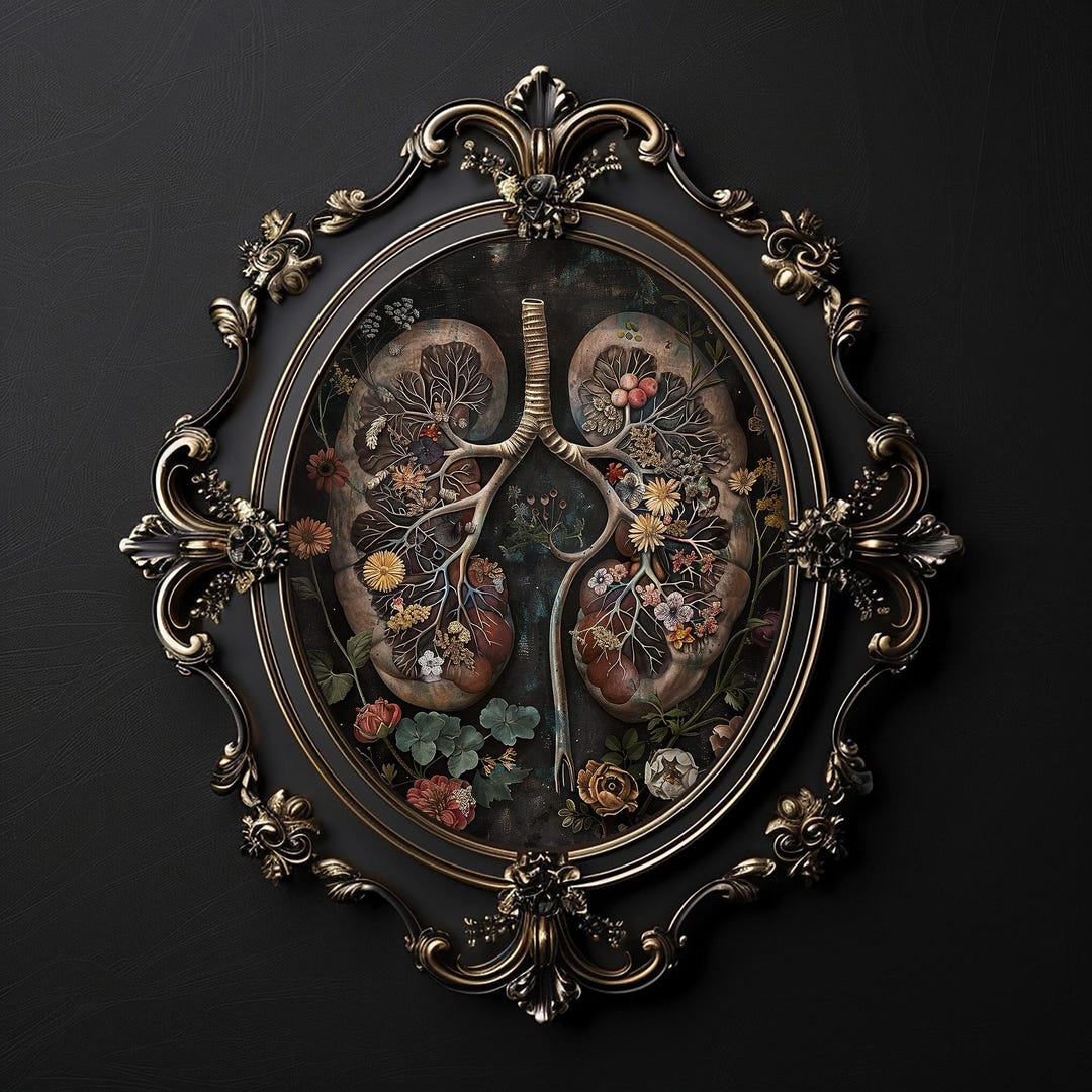 Human Kidney With Flowers Print, Anatomy Gothic Painting, Floral Kidney ...