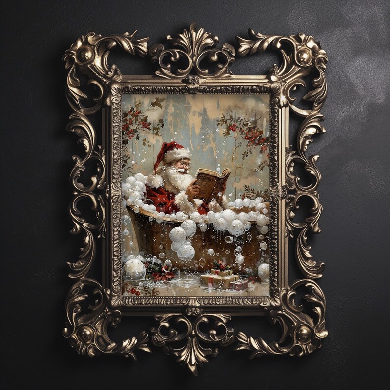 Vintage Santa Claus in Bathtub Reading Book Print, Christmas Bath Tub ...